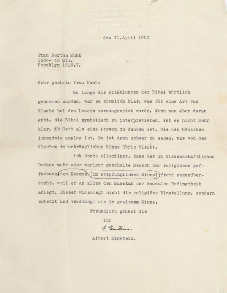 Einstein Letter on Bible Creation Story on Public Sale for the First Time